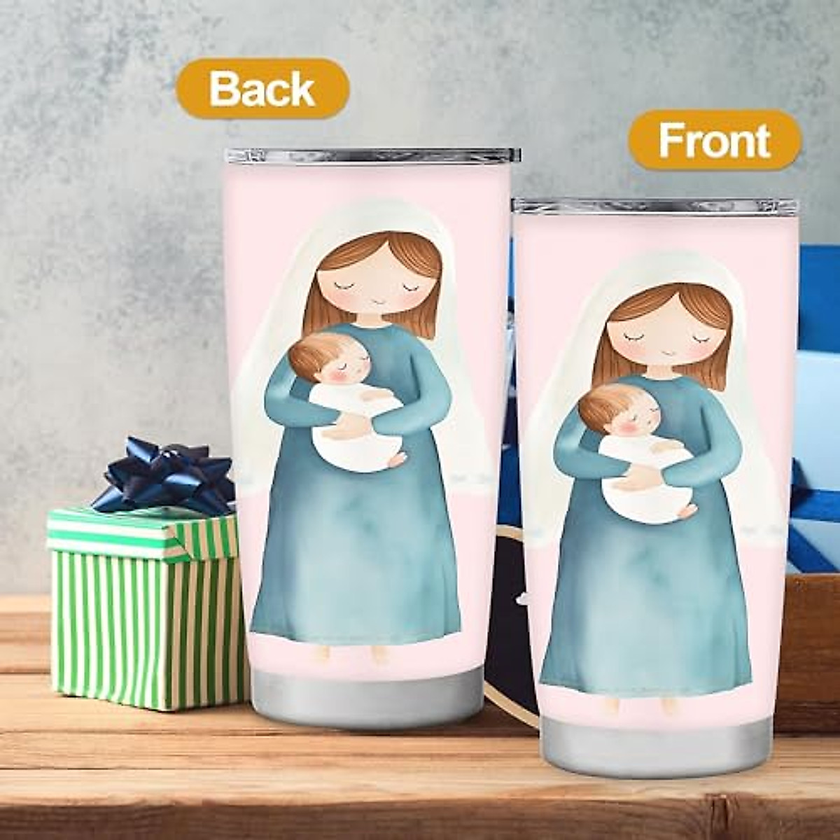 FOCIUZTA 20oz Artistic Watercolor Mother and Child Tumbler with lid, Travel Coffee Cup, Ideal for Easter, Mother Day, and birthday gifts