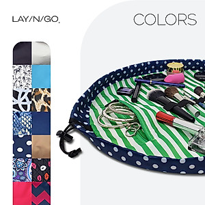 Lay-n-Go Cosmo Drawstring Cosmetic & Makeup Bag Organizer - Portable Drawstring Makeup Bag w/Zipper Pocket, Makeup Loops & More - Durable, Machine Washable Makeup Bag for Travel (20”, Navy/Green)