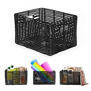 Yes4All Large Rectangle Wicker Baskets For Storage, Large Storage Basket For Organizing, Woven Organizing Basket For Decorative, Black Rectangular Storage Basket, Large Wicker Basket With Metal Handle