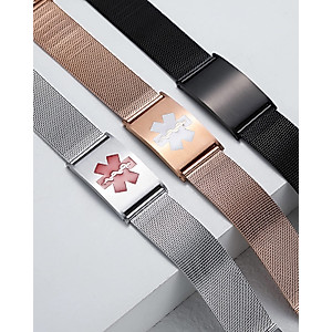 Personalized Stainless Steel Medical Alert Bracelets for Men Women - Custom Medical Alert ID Bracelets Free Engraving - Adjustable Milan Mesh Watch Band Medical Emergency Bracelet (Silver)