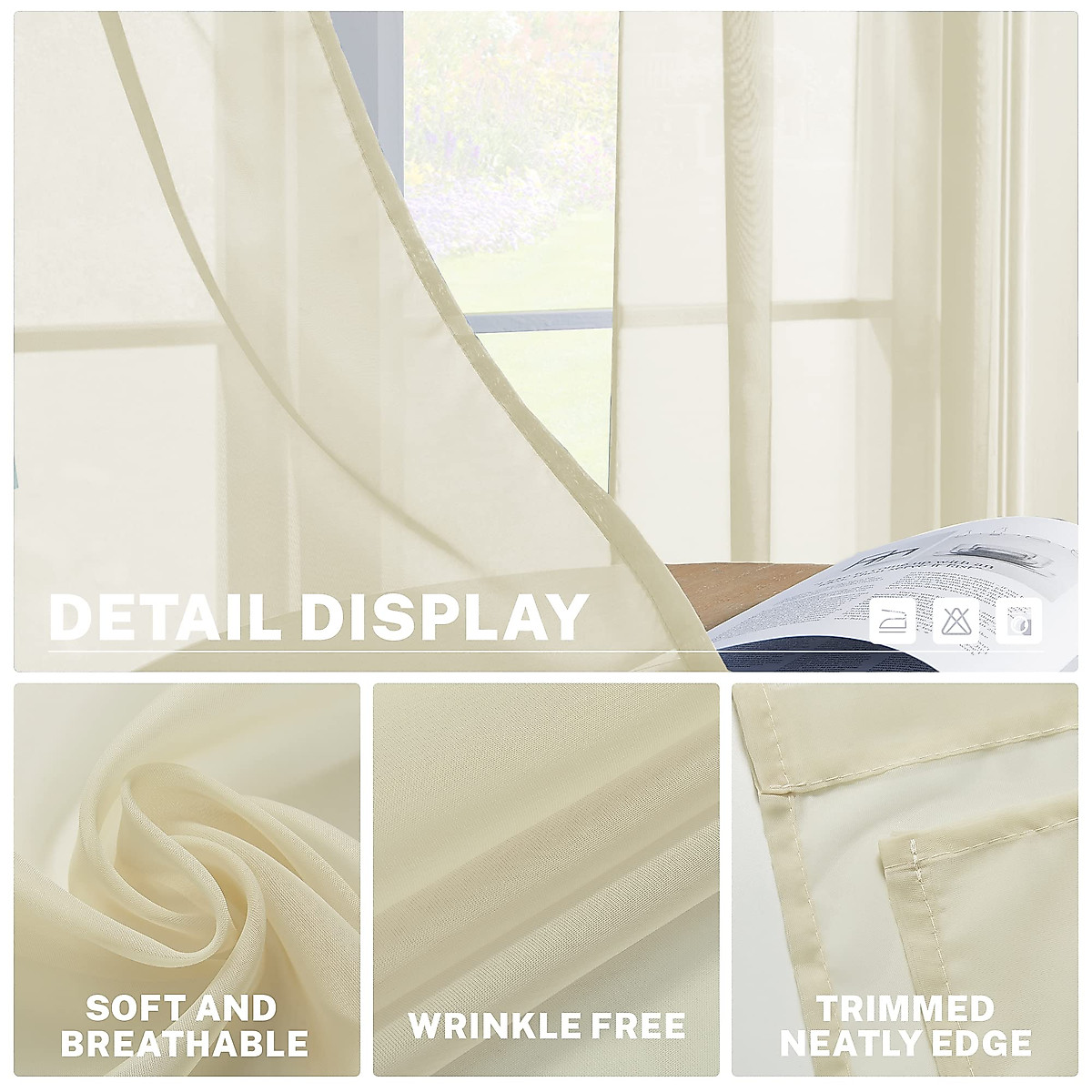 MRTREES Beige Sheer Curtains 34 x 36 inch Length Kitchen Tier Short Curtains Light Filtering Rod Pocket Voile Cafe Curtains for Kitchen Bathroom Small Half Window 2 Panels