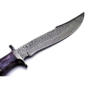 Nooraki BK-42 Handmade Damascus Steel Fixed Blade Bowie Knife with Leather Sheath, Full Tang Multipurpose Knife with Solid Marindi Wood and Bull Horn Bone Handle for Outdoor Use, 15", B/White