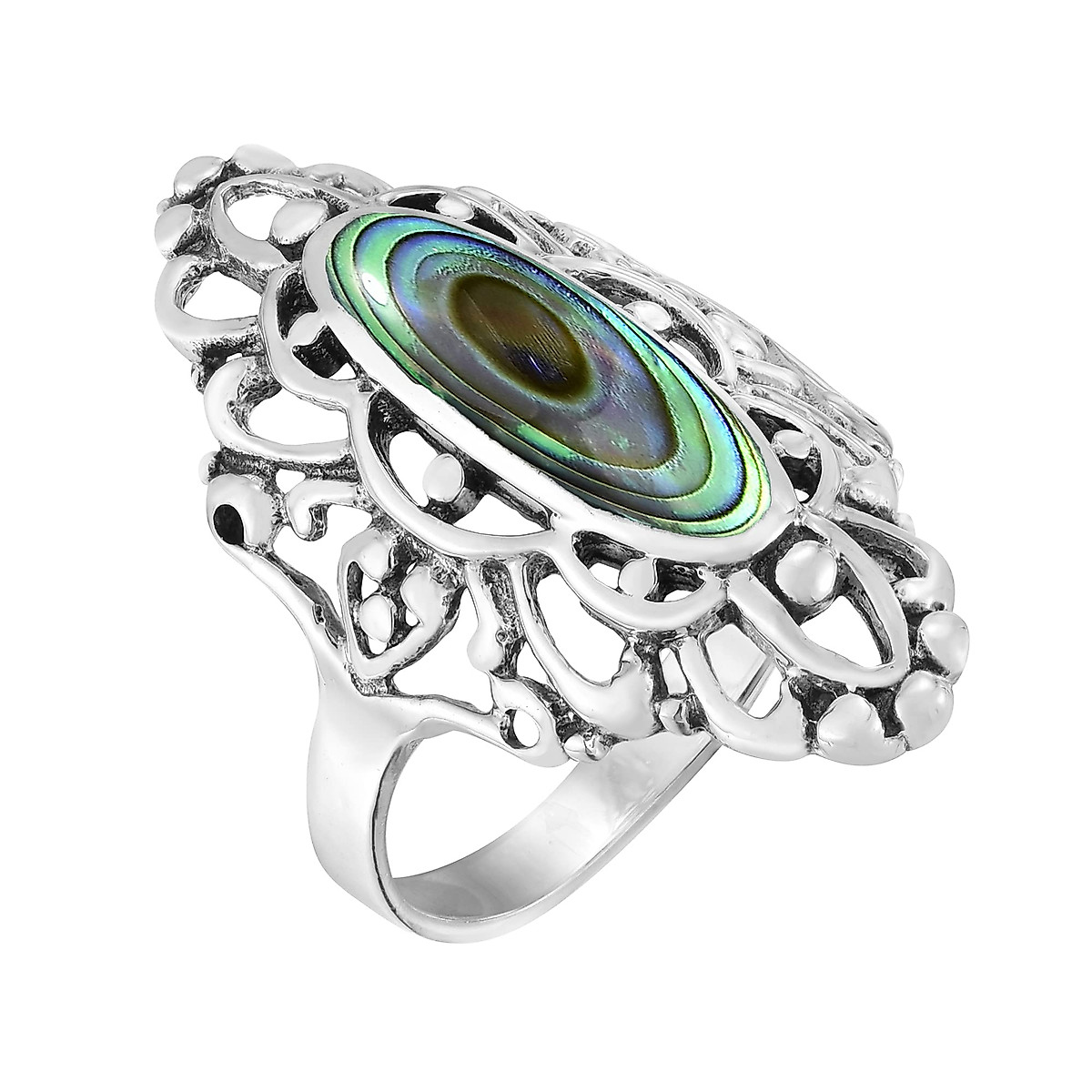 AeraVida Heart Filigree Oval Abalone Shell .925 Sterling Silver Ring