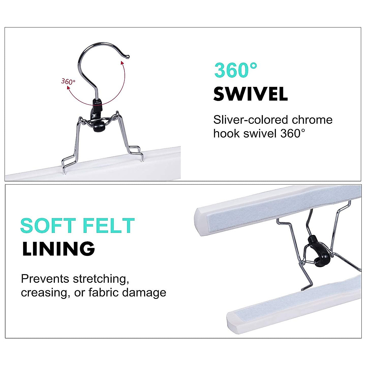 Amber Home 10 Pack White Wooden Pants Hangers, Wood Clamp Hangers with Non Slip Padded Velvet, Jeans/Slacks Hangers Hair Extension Hangers for Skirts, Trousers, Wigs (White, 10)