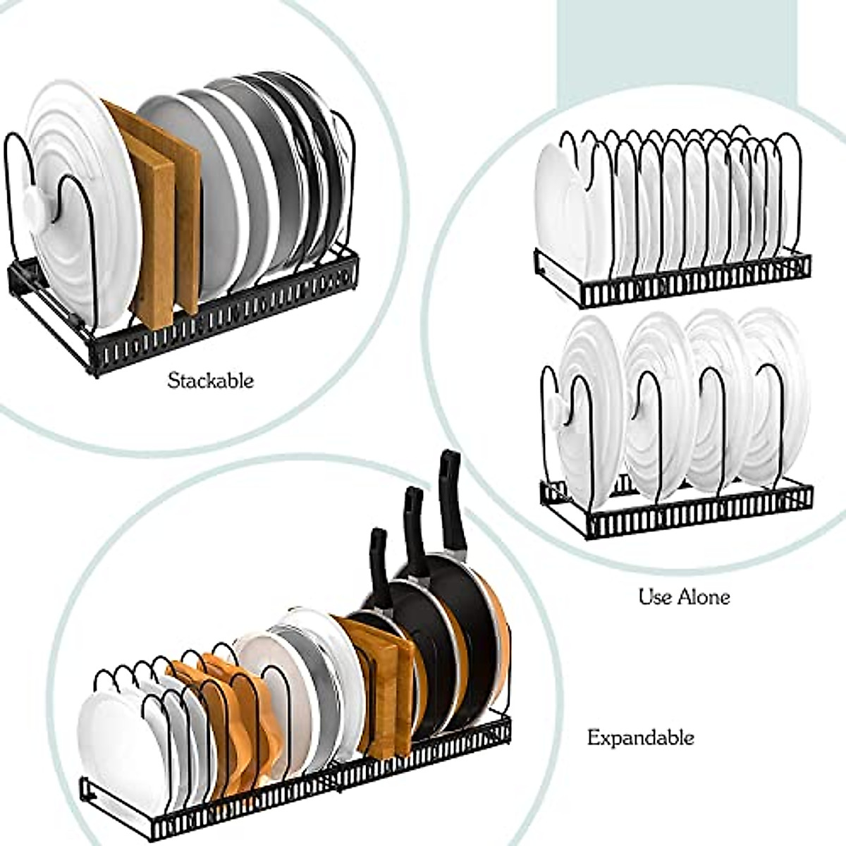 Daddynme Expandable Pot and Pan Organizers Rack, 10+ Pans and Pots Lid Organizer Rack Holder, Kitchen Cabinet Pantry Bakeware Organizer Rack Holder with 10 Adjustable Compartments
