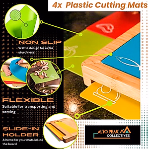 ALTO-PEAK COLLECTIVES–100%Extra-Large Bamboo Wood Prep Cutting Board for Kitchen-4 Plastic Flexi Mats–Beautiful Wooden Charcuterie boards w/handles & 3 deep-compartments-Chopping Board-cell/iPad stand