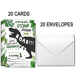 ukebobo 1st Birthday Party Invitations with Envelopes – Dinosaur Birthday Party Invitations, Dinosaur Party Decorations– 20 Cards with Envelopes（bwl-01）