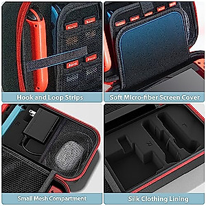 Switch OLED Carrying Case Compatible with Switch & Switch OLED, Portable Switch Travel Carry Case Fit for Joy-Pap and Adapter, Hard Shell Protective Switch Pouch Case with 20 Games, Red