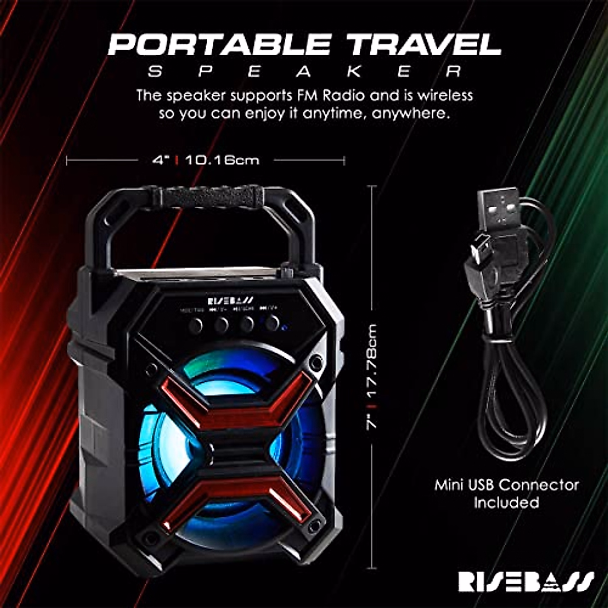 Portable Wireless Bluetooth Speaker for iPhone, Android, iPod and More - Rechargeable Bluetooth Speaker for Kids & Adults - Mini Speaker with Party Lights, for Hiking, Camping, Picnic and Boating.