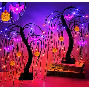 [ Orange & Purple ] 2 Pack Halloween Spooky Tree Decor with Timer 48 LED Lighted DIY 6 Pumpkins & 6 Bats 18 Inch Battery Operated Tabletop Artificial Black Tree Halloween Decor for Indoor Home Holiday