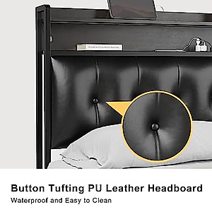 HAUSOURCE Full Bed Frame with Storage Headboard & Footboard Upholstered Platform Bed with LED Lights USB Ports & Outlets No Box Spring Needed