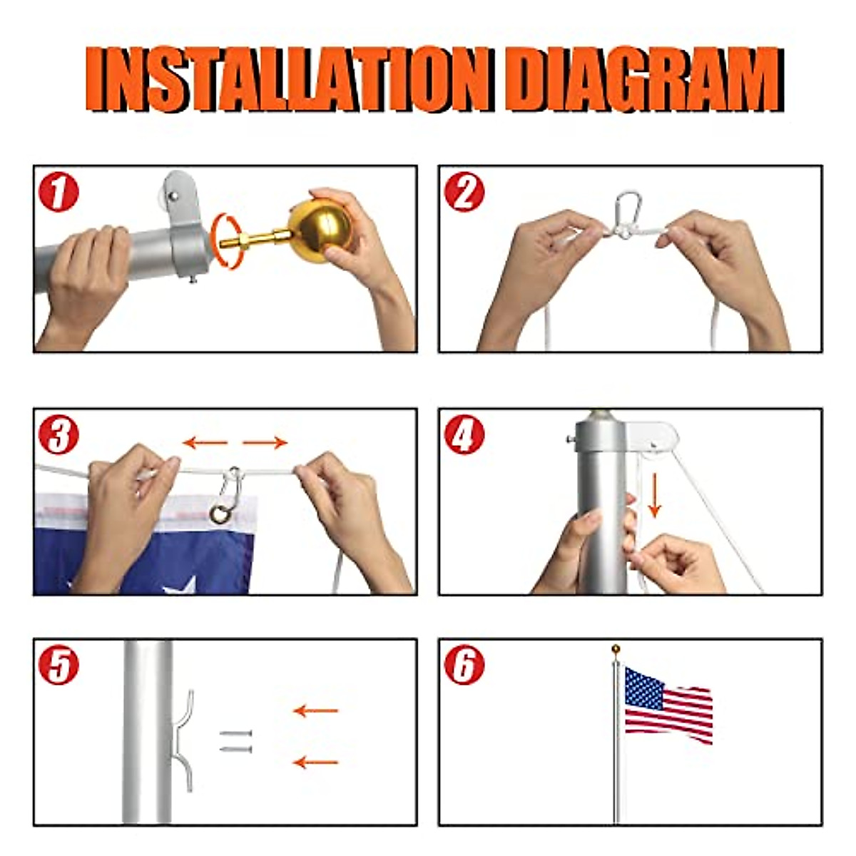 NELXINJO 20FT Sectional Flag Pole Kit, Heavy Duty Aluminum Outdoor In-Ground Flagpole, Gold Ball Top, 3x5 USA Flag for Residential commercial Outdoor Garden(20FT, Silver)