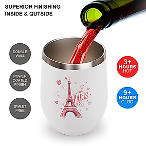 Paris France Eiffel Tower Souvenir Insulated Wine Tumbler with Lid Stainless Steel Travel Mug Coffee Cup for Cold & Hot Drinks