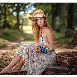 Cowboy Cowgirl Straw Hat with Bands for Women - Western with Wide Brim for Coastal Sun Beach Summer Ivory