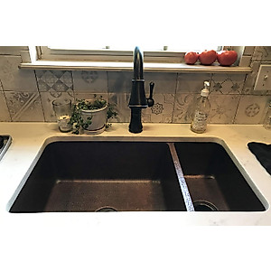 Premier Copper Products K75DB33199 33-Inch Hammered Copper Kitchen 75/25 Double Basin Sink, Oil Rubbed Bronze