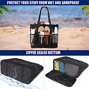 Beach Bag for Women Beach Tote Waterproof Sandproof Mesh Swim Pool Bag Large Foldable Travel Grocery Utility Bag Zipper, Black With Zipper, XL