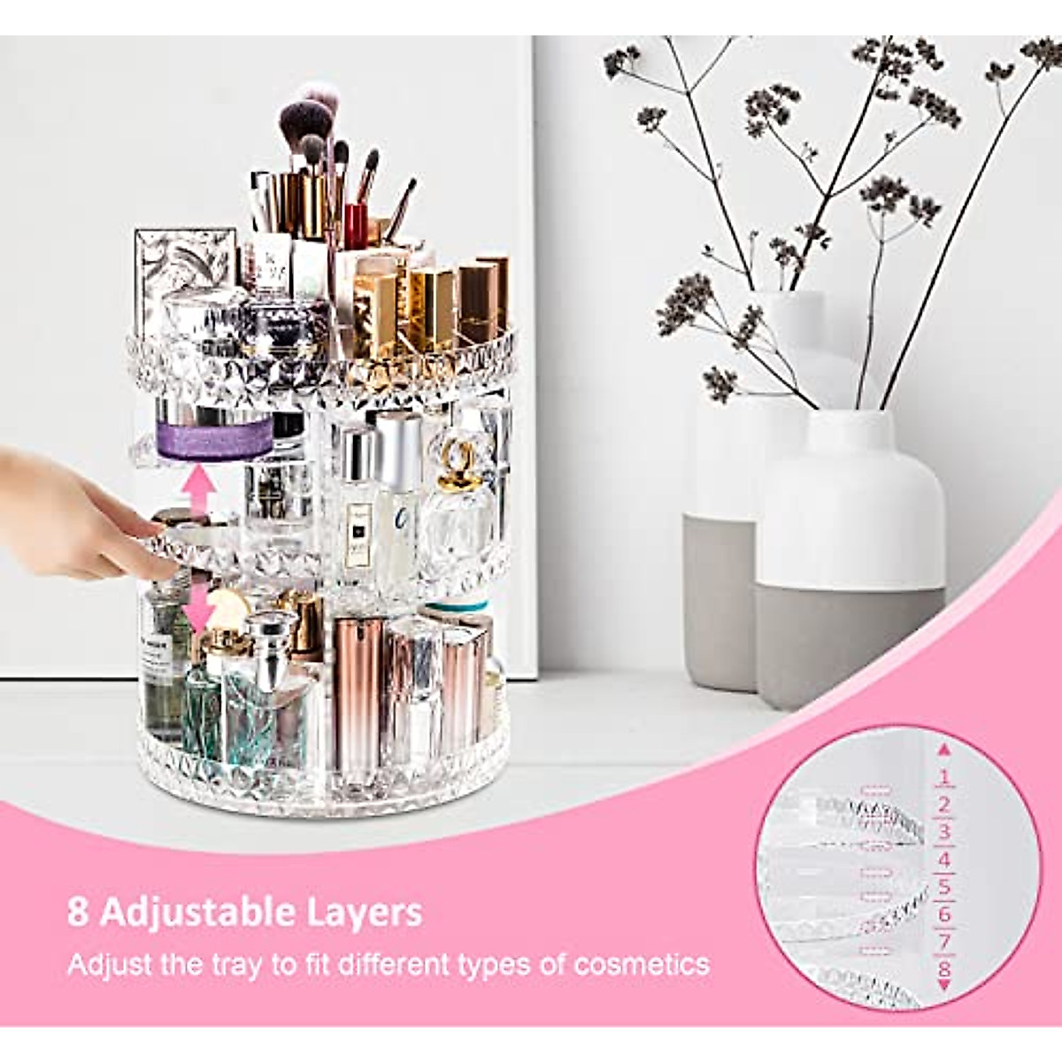 DreamGenius Makeup Organizer, 360 Degree Rotating Perfume Organizer, Adjustable Makeup organizers and storage with 8 Layers, Fits Makeup Brushes Lipsticks and Jewelry, Clear Acrylic