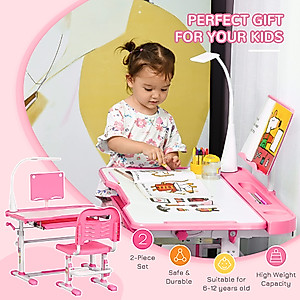 Qaba Kids Desk and Chair Set, Height Adjustable School Study Table and Chair, Student Writing Desk with Tilt Desktop, LED Light, Pen Box, Drawer, Reading Board, Cup Holder, and Pen Slots, Pink