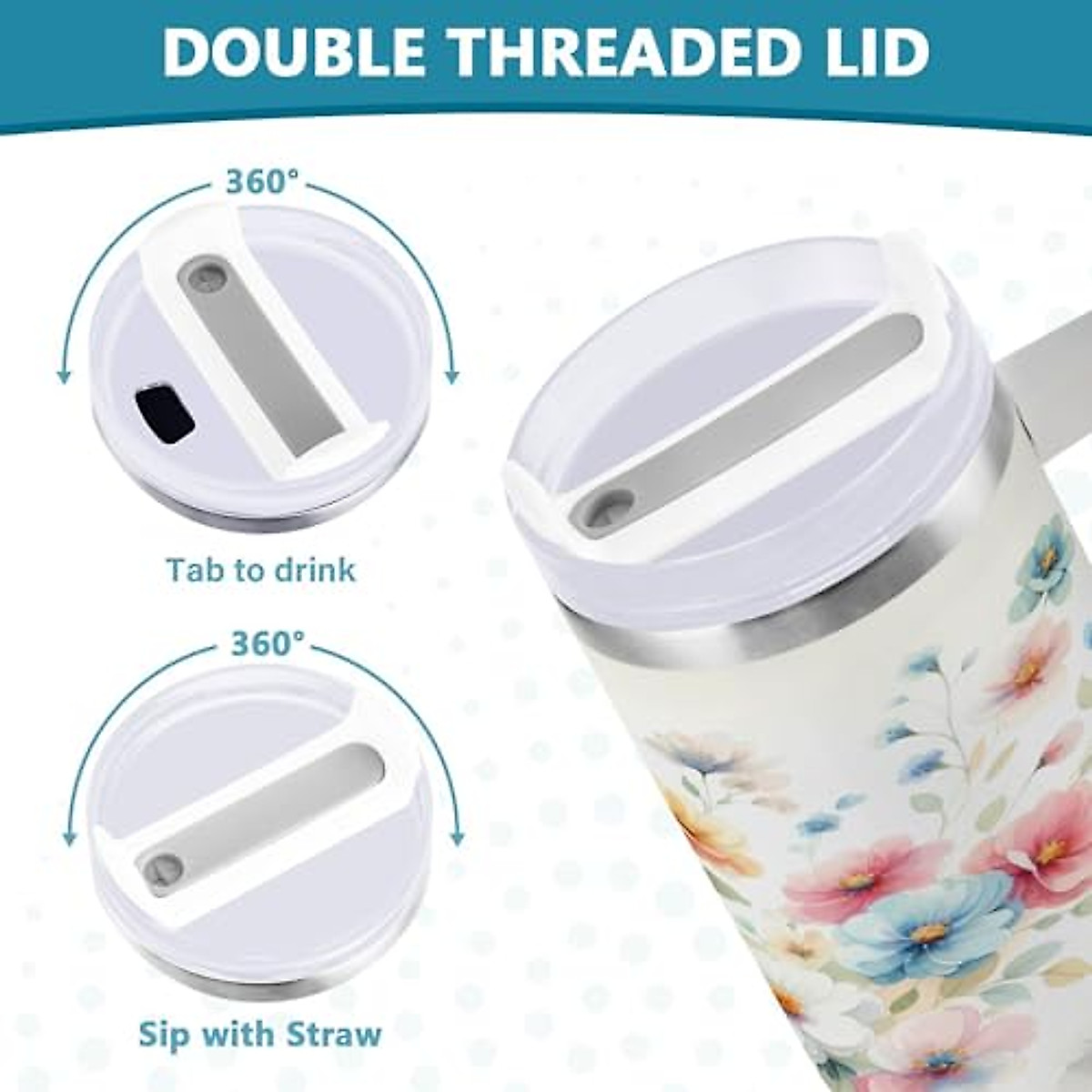 Jihqo Watercolor Cute Flowers 40 oz Stainless Steel Vacuum Insulated Tumbler with Handle and Straw Lid Reusable Leakproof Water Bottle Double Wall Travel Mug Coffee Cup, Cupholder Friendly