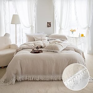 Simple&Opulence 100% Linen Boho Duvet Cover,3pcs Bohemian Textured Collection Bedding Set for All Seasons,French Country Comforter Cover Set with Pillow Shams (Queen, Tassel-White)