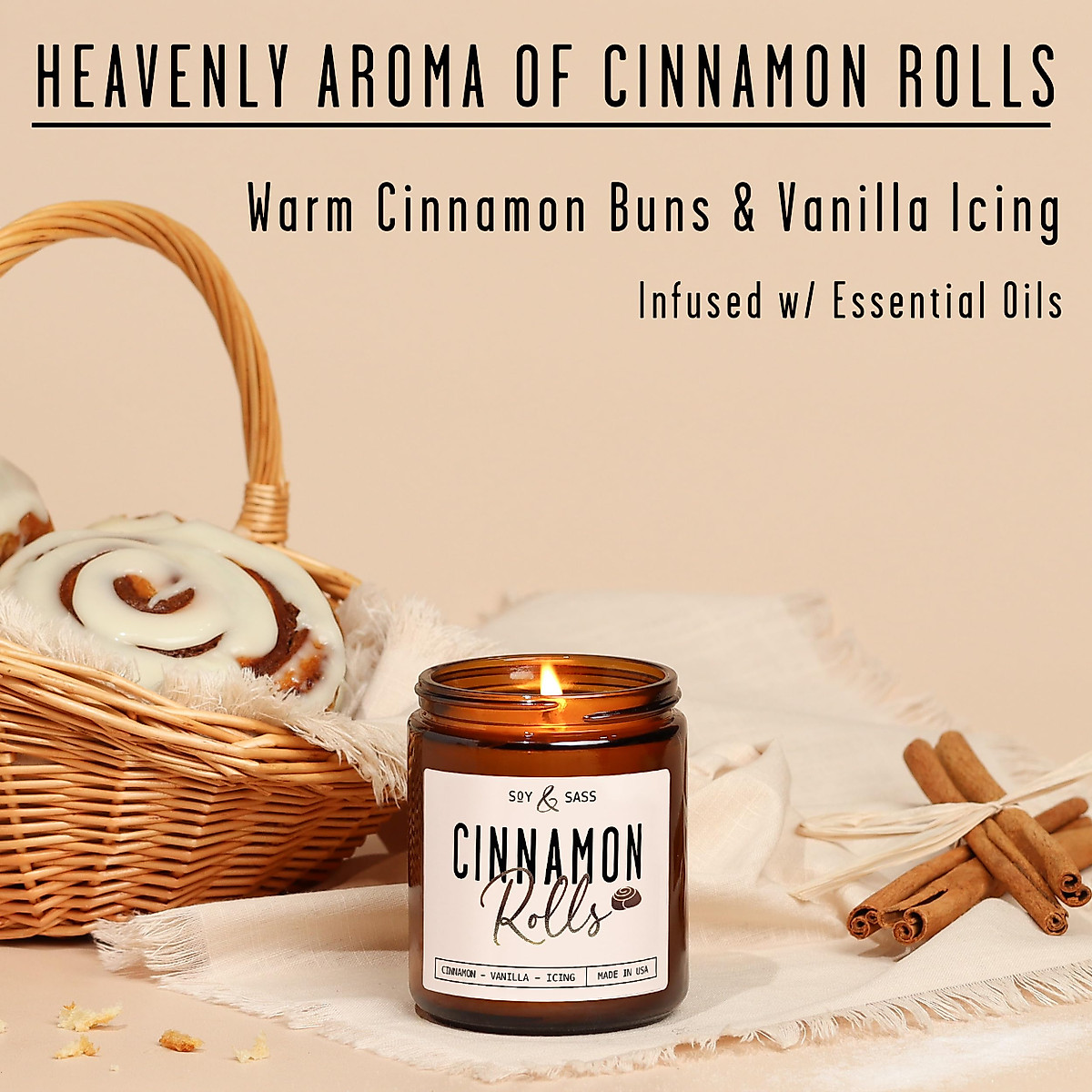 Cinnamon Candle, Fall Candles, Christmas Candles - 'Cinnamon Rolls' Autumn Scented Soy Candles for Home, 9oz Reusable Jar, 50Hr Burn, Made in USA