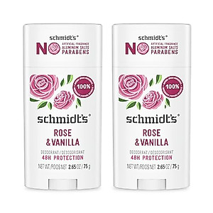 Schmidt's Aluminum-Free Vegan Deodorant Rose & Vanilla with 24 Hour Odor Protection 2 Count for Women and Men, Natural Ingredients, Cruelty-Free, 2.65 oz