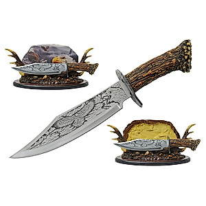 Szco Supplies 11.5” Decorative Eagle Etched Blade Outdoor Hunting Knife with Display Relief Art/Printed Antler Stand