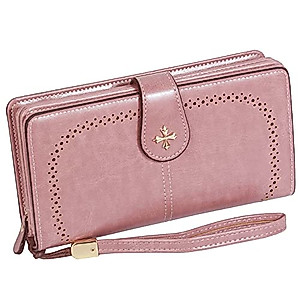 Long Wallets for Women PU Leather Credit Card Holder with Zipper Compartment Large Capacity Trifold Clutch Wristlet Multi Card Case Wallet (3-Pink)