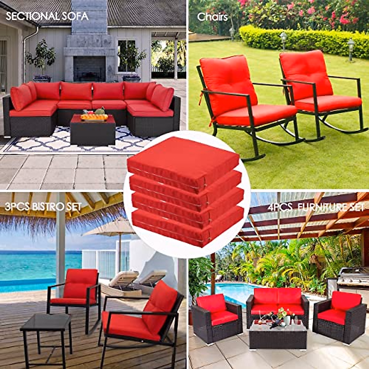 4Pcs Outdoor Patio Seat Cushion Back Pillow Replacement Covers,Fit for Patio Furniture Sectional Sofa Chair Conversation Set,Water-Resistant Fadeless Slipcover,20Lx18Wx4H Inch,Red-Cover Only