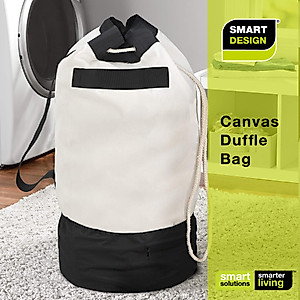 Smart Design Heavy Duty Duffel Bag w/ 2 Compartments, Strap, & Handles - Holds up to 80 lbs. - VentilAir Breathable Canvas - for Gym Clothes & Laundry - (Holds 3 Loads) (30 x 15 Inch) [Natural Canvas]