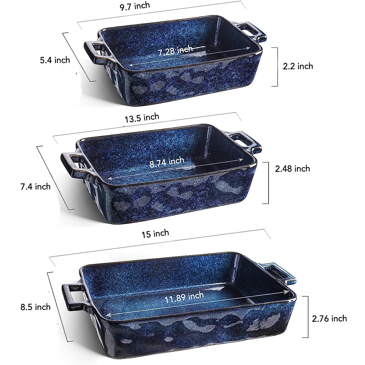VICRAYS Ceramic Bakeware Set, Porcelain Rectangular Lasagna Pans Casserole Dish Set for Baking, Cooking, Kitchen, Cake Dinner, Banquet and Daily Use, 3 PCS, 15 x 8.5 Inches(Blue)