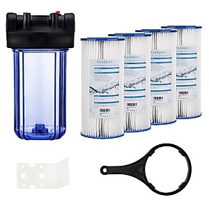 Geekpure Single Stage Whole House Water Filter System with 10-Inch Clear Housing-1"Port with 4 Pieces PP Pleated Filter
