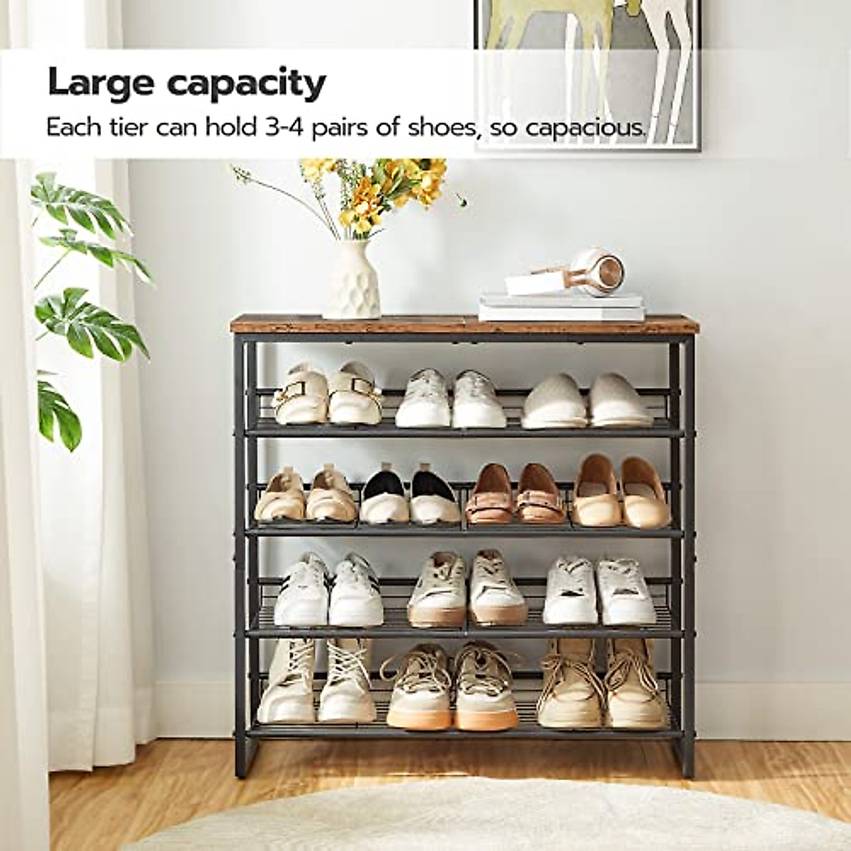 HOOBRO Shoe Rack, 5 Tier Shoe Organizer, Adjustable Shoe Shelves, Flat or Slanted, Holds 16-20 Pairs, Stable and Durable for Entryway, Closet, Rustic Brown and Black BF08XJ01