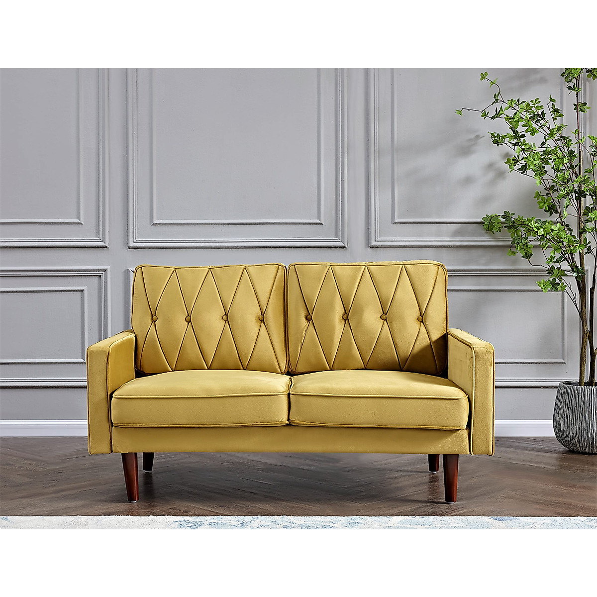 Container Furniture Modern Style Tufted Velvet Couch for Living Room with Soft Fabric Upholstery and Solid Wood Frame, 57.5'' Wide Loveseat, Yellow Green