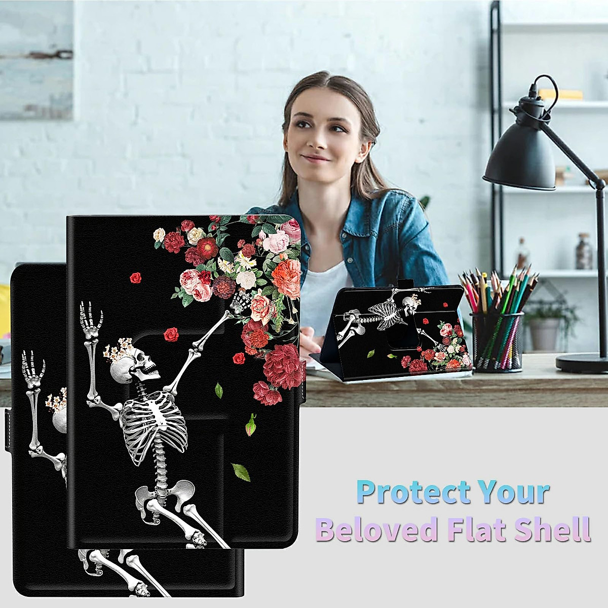 HEAKIERG Universal Tablet Case for New Kobo Libra 2 7" 2021 & 6" Kobo Clara 2E 2022, Lightweight Flip Stand and Adjustable Protective Cover Case for 6"-7" Tablet, Skull Rose