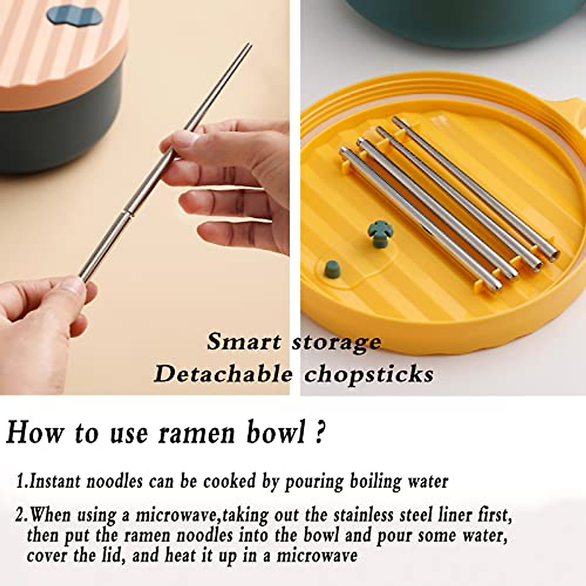 YCXXKJ Microwave Ramen Bowl Set Ramen Cooker with Handles Noodle Bowls with Lid and Chopsticks Stainless Steel Liner Dishwasher Safe for Home Office College Dorm Room(Yellow & Green)