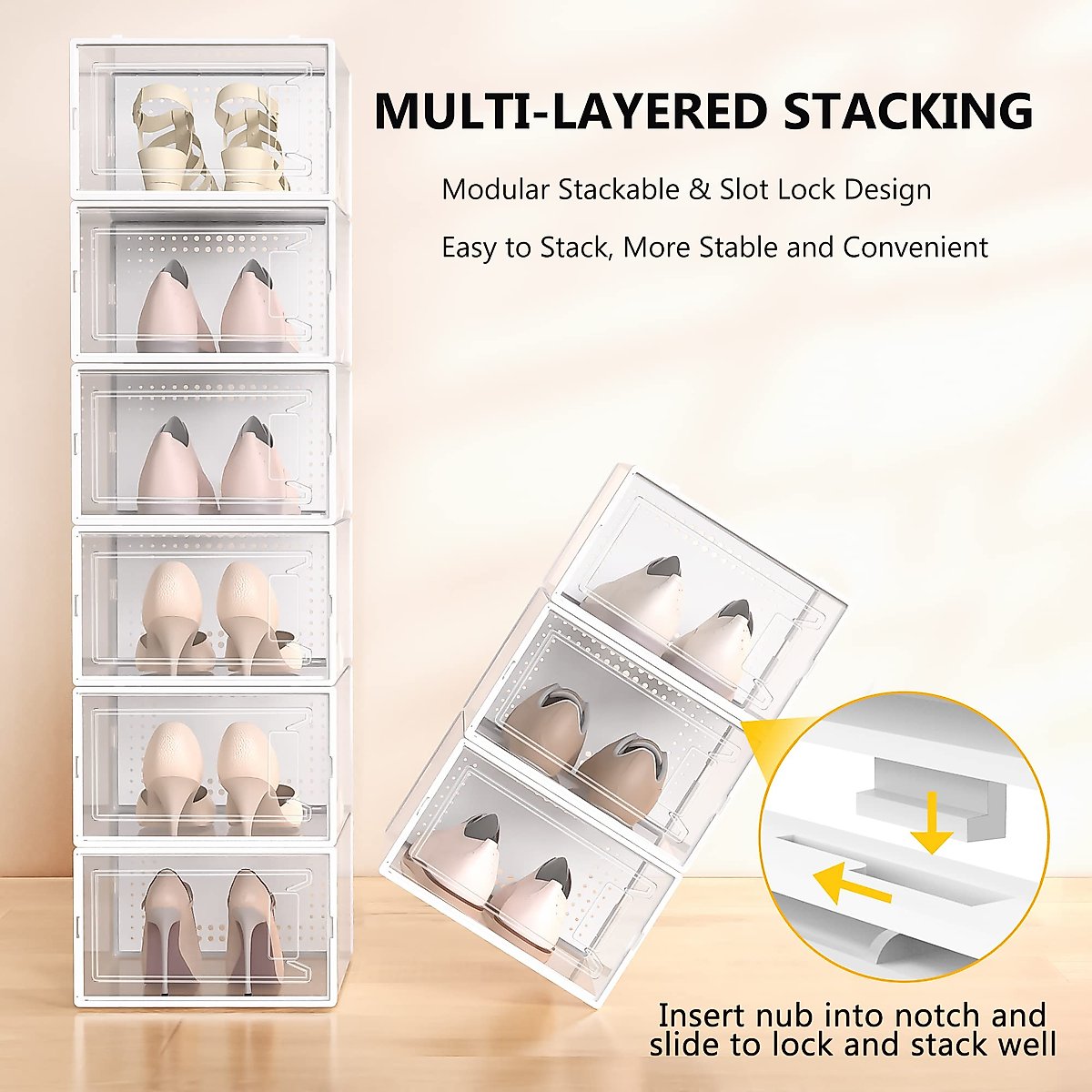 Secret Space 12 Pack Large Shoe Storage Organizer for Closet, Modular Space Saving Shoe Boxes Clear Plastic Stackable Containers Display Case Bins with Lids, Shoe Rack for Sneaker Storage, White