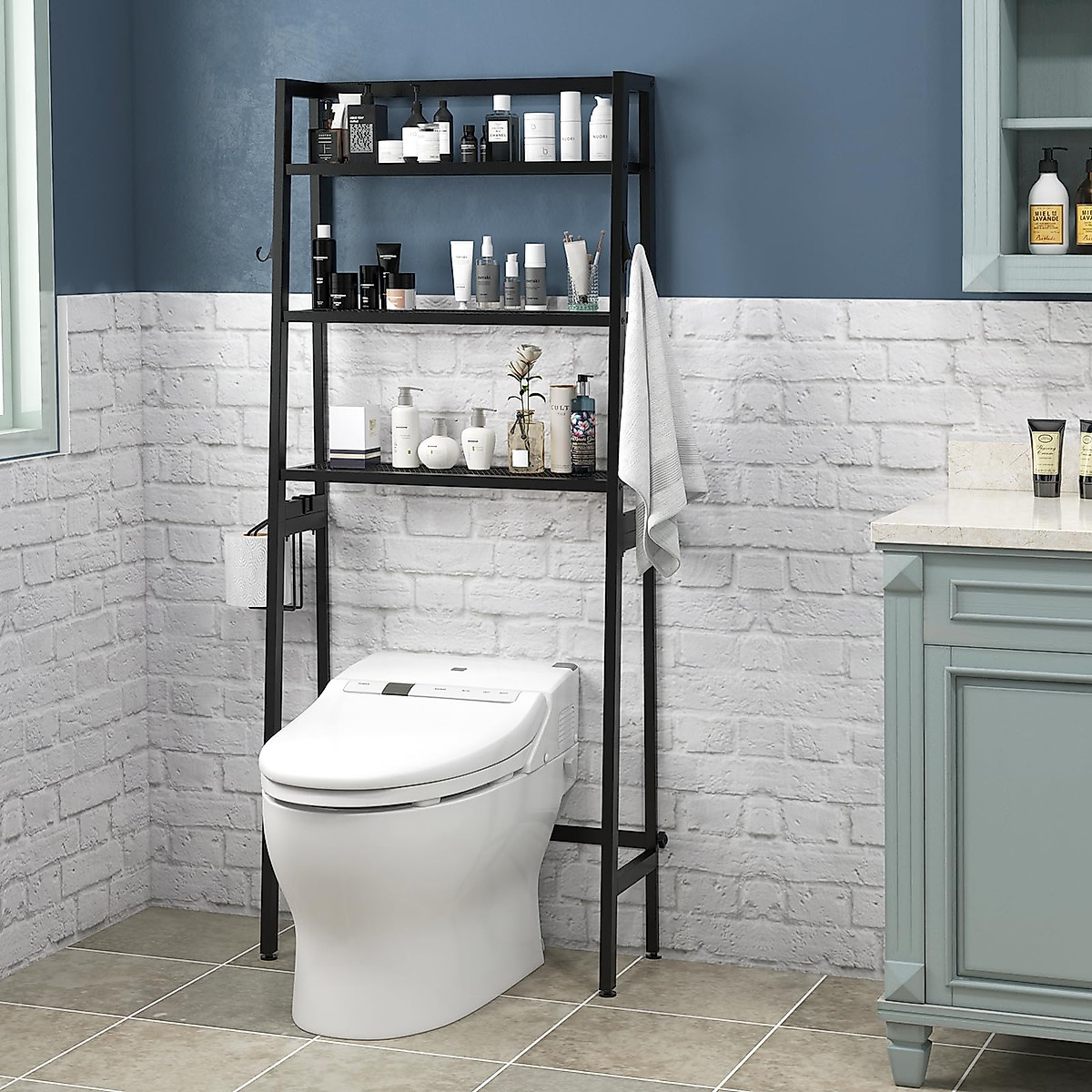 HAPPYGRILL Over The Toilet Storage, 3-Tier Over The Toilet Rack, Bathroom Space Saver w/ 2 Hanging Hooks, Adjustable Bottom Bar & Toilet Paper Holder, Metal Over Toilet Bathroom Organizer (Black)