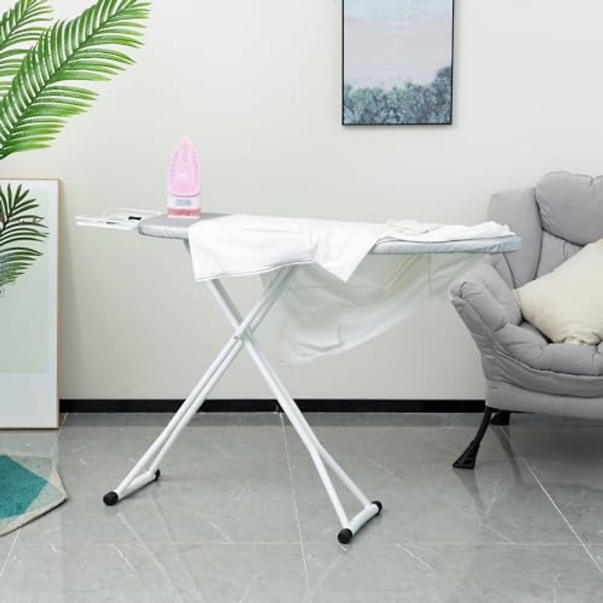 ALIMORDEN Space Saver Ironing Board 43" X 13" with Iron Frame Adjustable Height 28"-35" Easy Storage, Heat Resistant Silicone Tray, Padded Top Grey