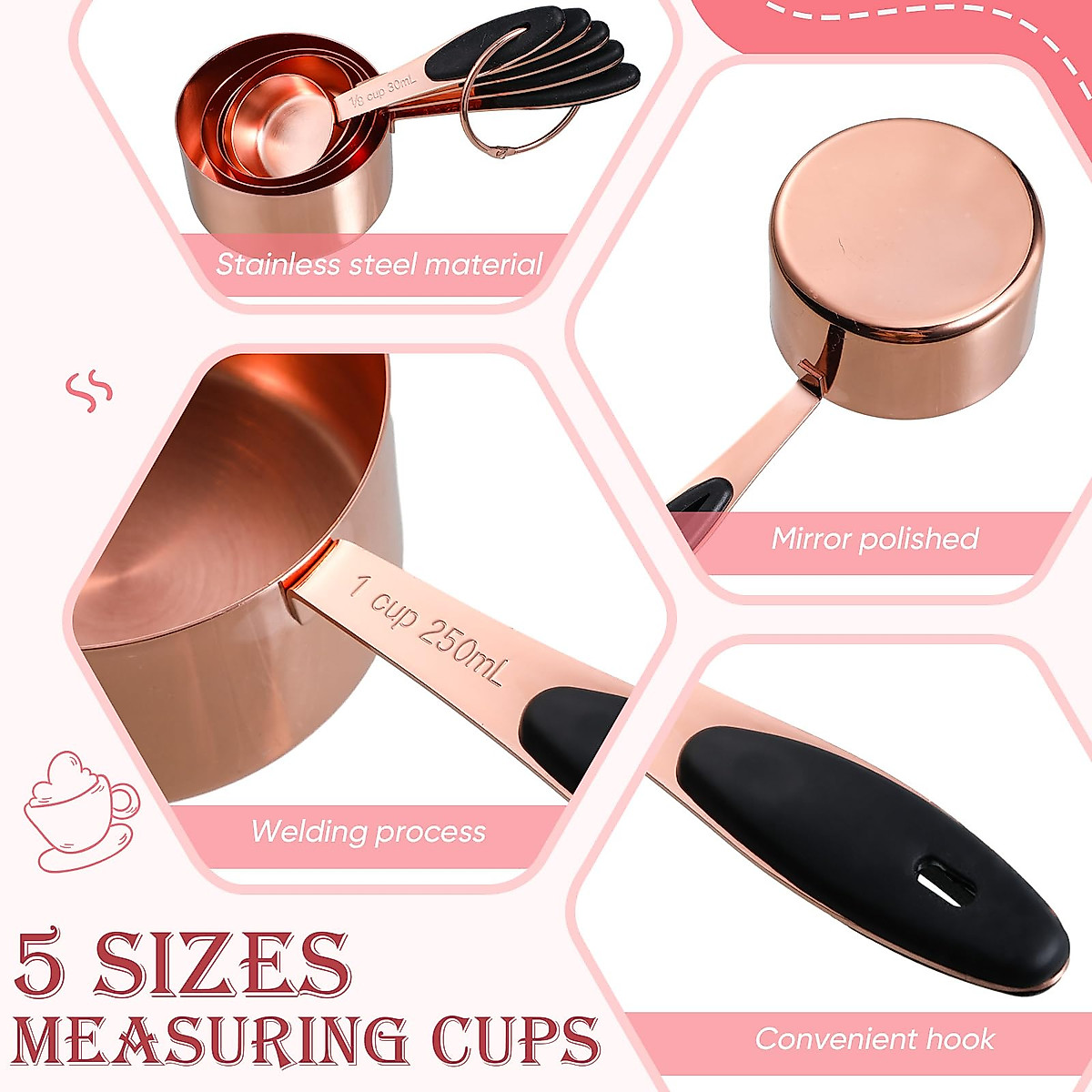 Tanlade 8 Pcs 30.43 Oz, 47.34 Oz, 60.87 oz Copper Canisters Set for Kitchen Stainless Steel Nesting Measuring Cups and Spoons Set with Silicone Handle Flour Sugar Canister Set with Wood Lids
