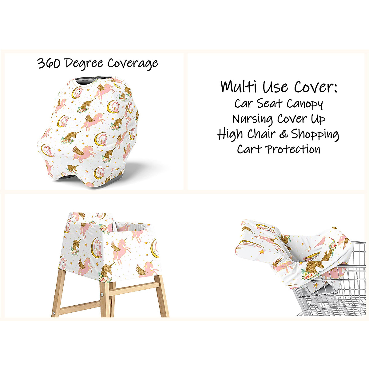 YayaTete Stretchy Multi Use Cover Unicorn Car Seat Canopy Nursing Breastfeeding Cover Up Shopping Grocery Cart High Chair Covering Baby Girl Pink and Gold Stars Nursery Decor, black, white, one size