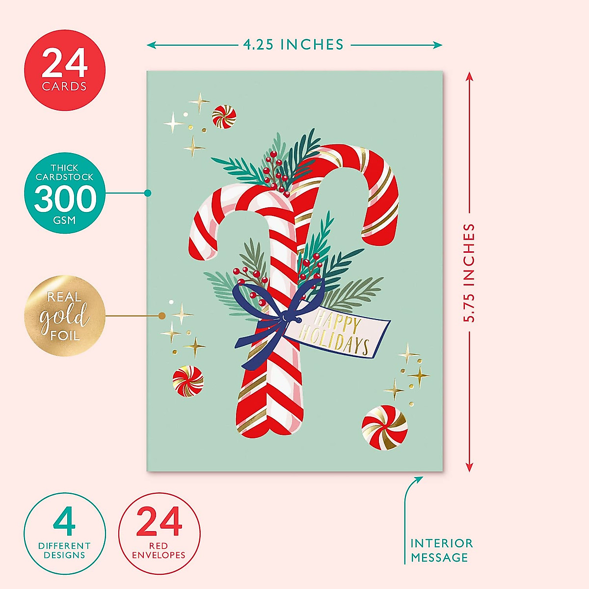 Christmas Cards Set - 24 Gold Foil Holiday Cards with Red Envelopes – 6 Assorted Designs Boxed for Easy Storage - 4.25 x 5.75, Bulk Greeting and New Years Decor Sheets