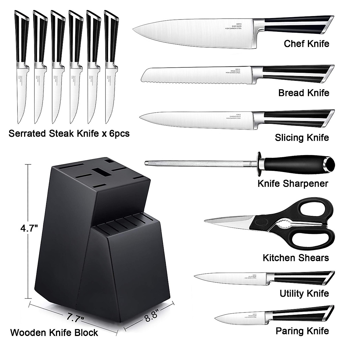 LIANYU 14-Piece Knife Set, Kitchen Knife Set with Block, Professional High Carbon Stainless Steel Chef Knife Set, Forged Knives Set with Honing Steel, Ultra Sharp