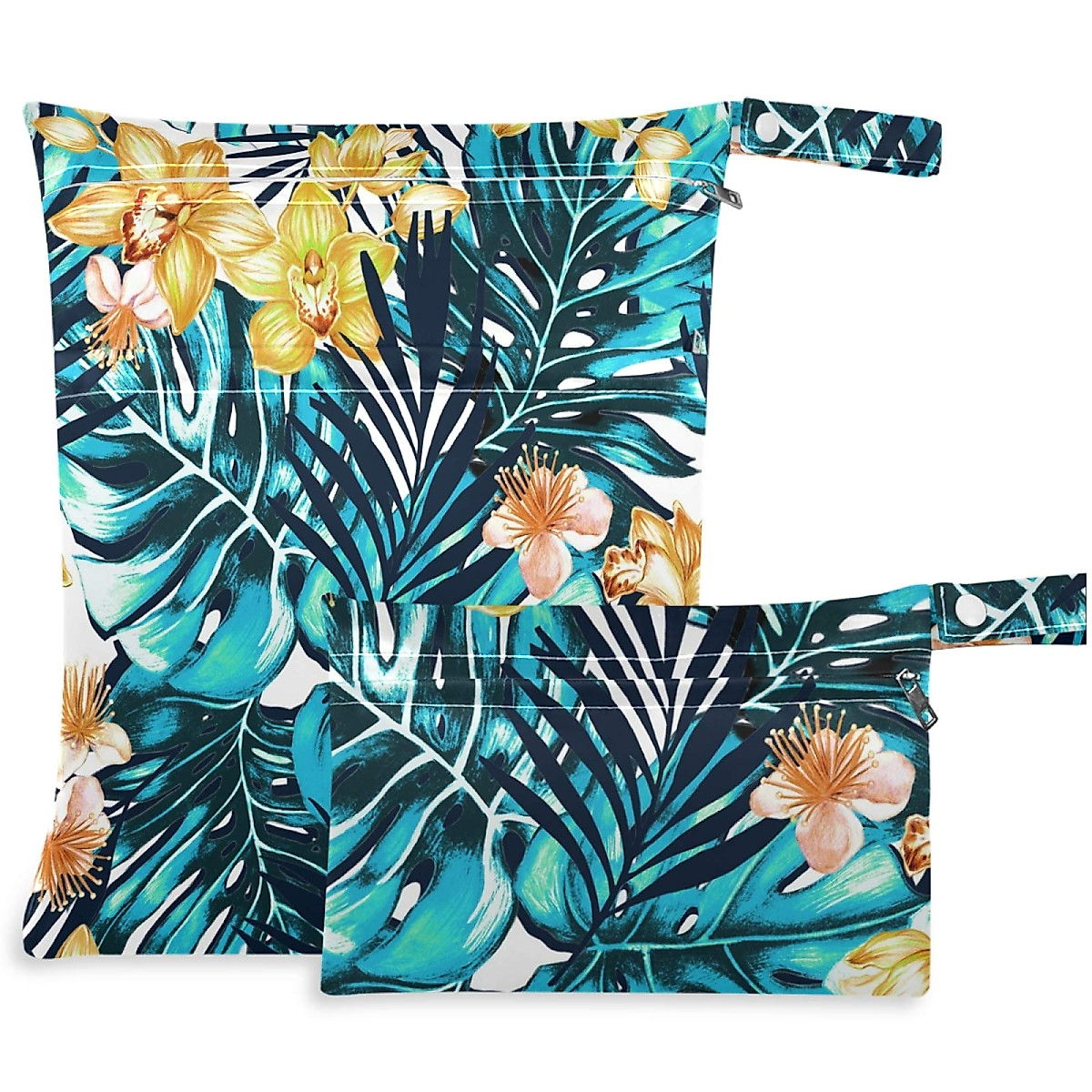 visesunny Blue Palm Leaf Flower Floral 2Pcs Wet Bag with Zippered Pockets Washable Reusable Roomy for Travel,Beach,Pool,Daycare,Stroller,Diapers,Dirty Gym Clothes, Wet Swimsuits, Toiletries