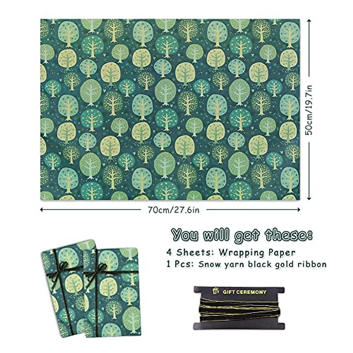 Green Tree Wrapping Paper,White Kraft Gift Wrapping Paper for Boys,4 Folded Sheets Cartoon Wrapping Paper with String for Kids Birthday Baby Showers Christmas Father's Day Party Gift Wrap,28*20 Inch