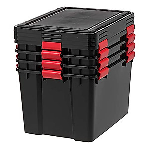 IRIS USA 74 Quart WEATHERPRO Plastic Storage Box with Durable Lid and Seal and Secure Latching Buckles, Weathertight, Black with Red Buckles, 4 Pack