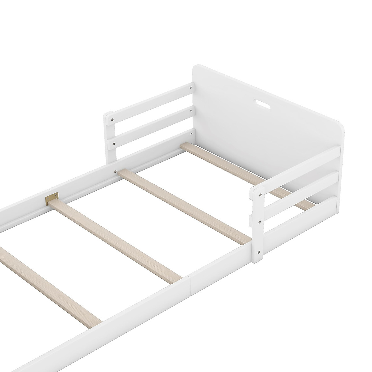 Harper & Bright Designs Twin Size Floor Bed with Storage Footboard and Guardrail, Montessori Floor Bed Twin Bed Frame for Kids, Wood Platform Bed with Headboard, White