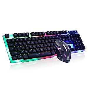 Gaming Keyboard, Gaming Keyboard Colorful LED Illuminated Backlit USB Wired PC Rainbow Anti-Skid Waterproof Design Gaming Keyboard Mouse Set for Desktop, Computer, PC (Color : Black)