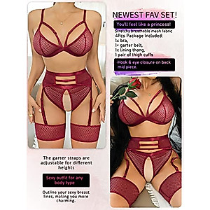 popiv 4 Piece Garter Lingerie for Women, Sexy Cutout Lingerie, Mesh Matching Lingerie Set Burgundy