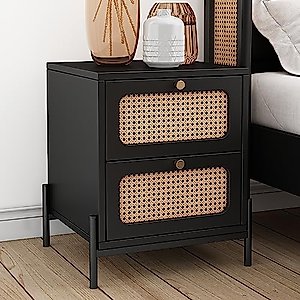 Modern 2-Drawer Nightstand Side Table End Table,Cannage Rattan Wood Closet for Bedroom, Living Room, Entryway, Hallway (Black+Rattan2)